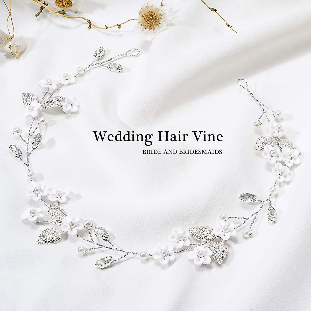 JAKAWIN Bride Flower Wedding Hair Vine Leaf Hair Piece Pearl Bridal Headpiece Rhinestone Hair Accessories for Women and Girls HV103 (Silver)