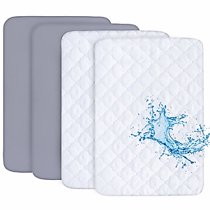 Biloban Pack and Play Sheets and Waterproof Mattress Protector Pad Cover 4 Pack Set, Ultra Soft, Grey, Noiseless Waterproof, Machine Wash