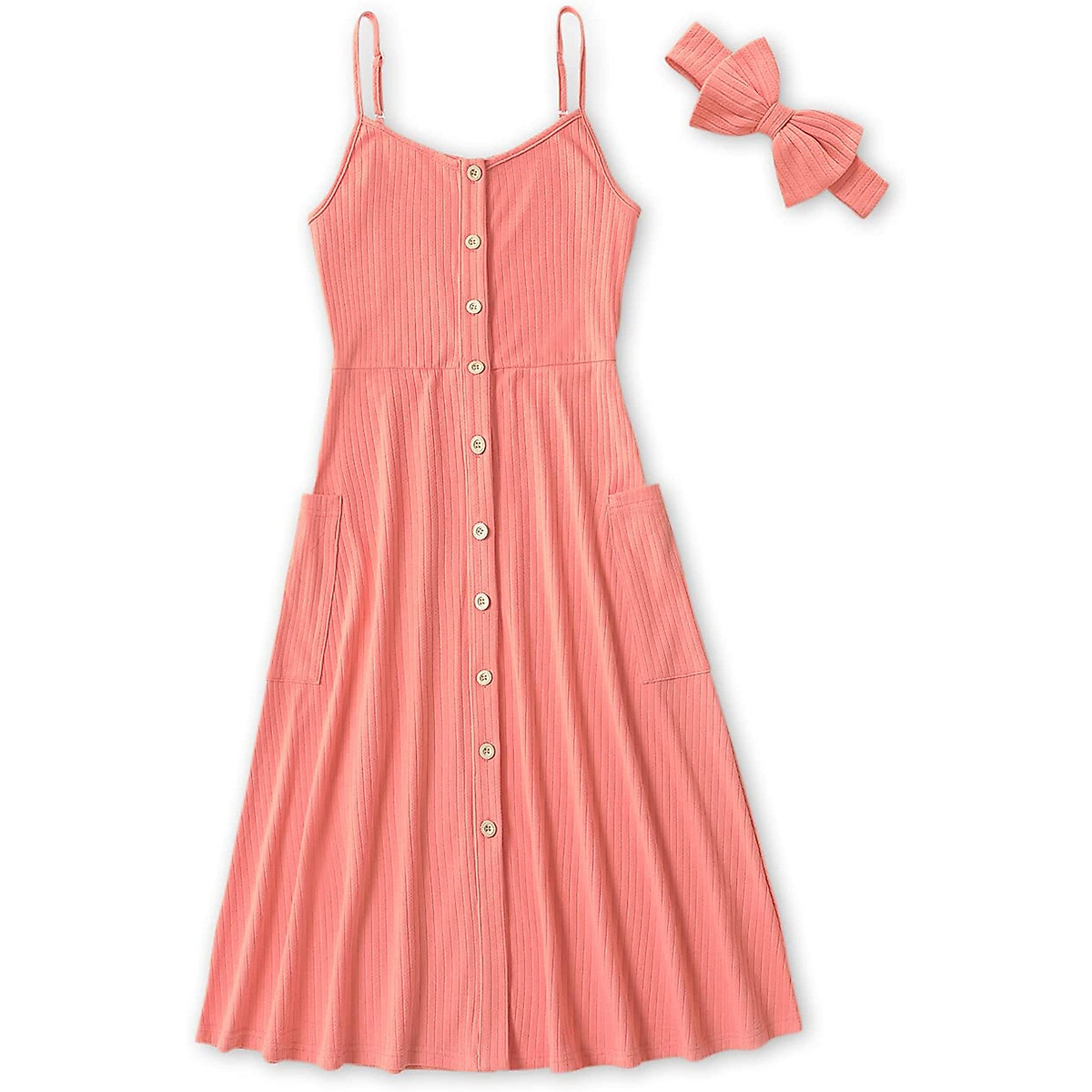 IFFEI Mommy and Me Dresses Matching Set Solid Front Button Family Matching Sleeveless Dresses with Headband and Pockets 3-6M Cora