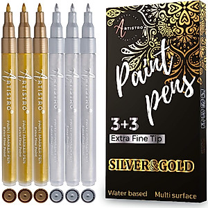 Metallic Acrylic Paint Pens for Rock Painting, Stone, Ceramic, Glass, Wood, Fabric, Canvas, Metal, Scrapbooking (6 Pack) Set of 3 Gold & 3 Silver Acrylic Paint Markers Water-Based Extra-Fine Tip 0.7mm