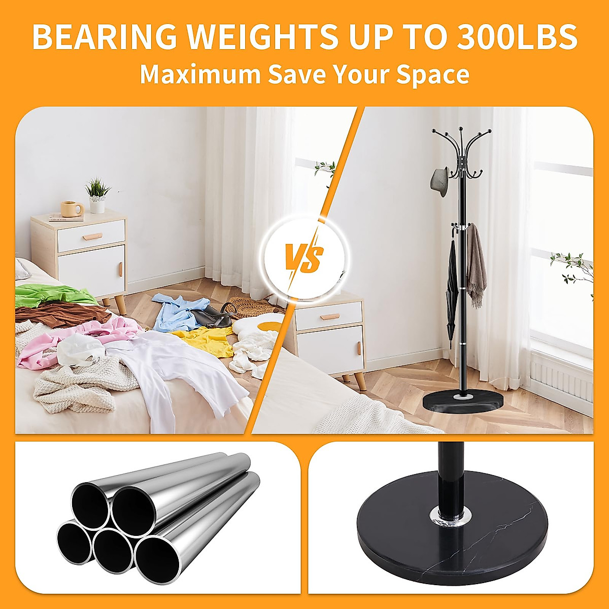 ZOZOE Metal Coat Rack Stand, Modern Coat Rack Freestanding with Natural Marble Base, 360° Rotary Design Coat Racks with 14 Hooks, Coat Tree for Bags, Hats, Entryway, Office