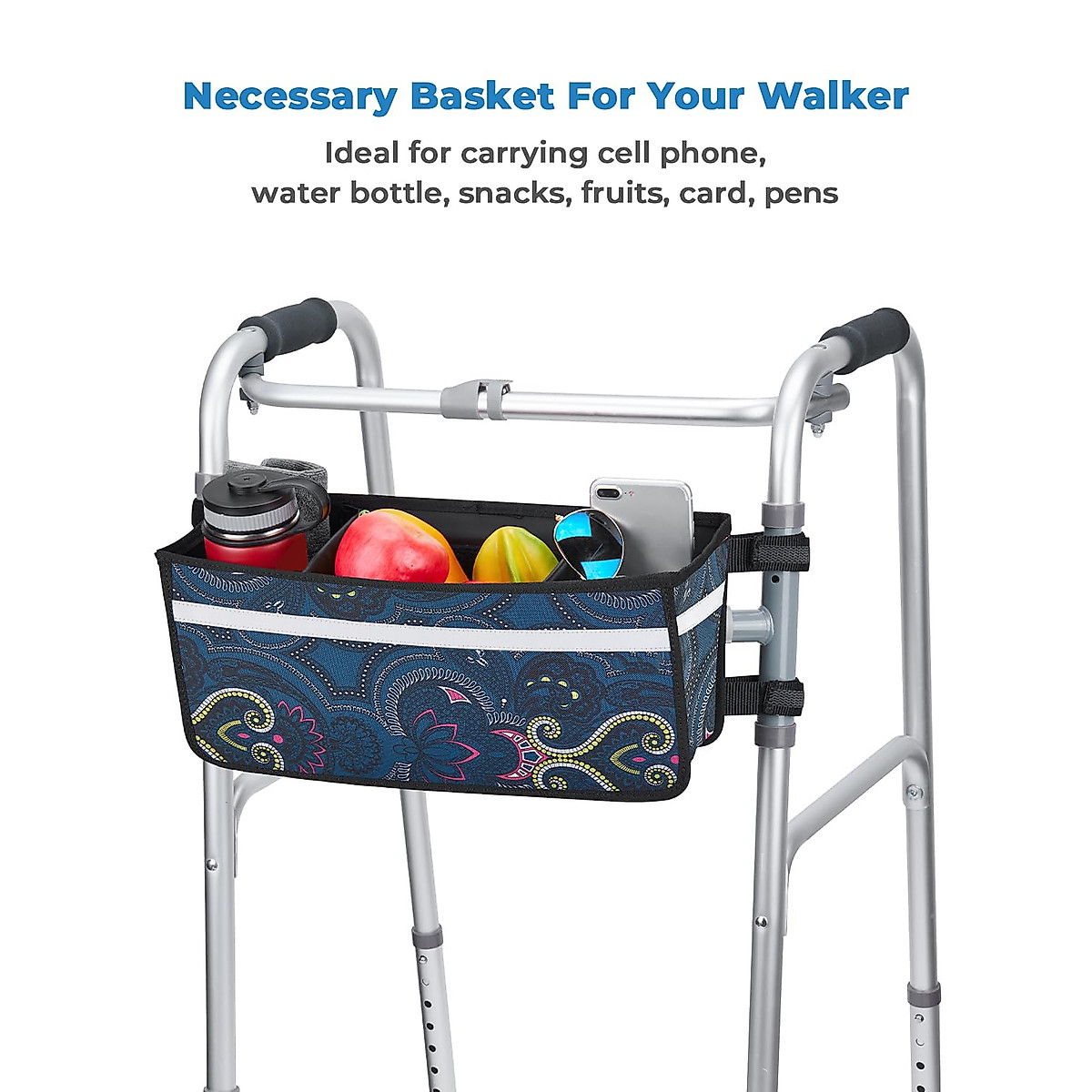 ISSYAUTO Walker Basket, Strap Mount Walker Cup Drink Holder with Two Split Board, Foldable Walker Storage Bag, Best Present for Family and Friends - Navy (Not Fit Rollator Walkers)