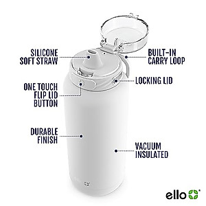 Ello Cooper 32oz Stainless Steel Water Bottle with Straw and Carry Handle, Double Walled and Vacuum Insulated Metal, Leak Proof Locking Lid with Soft Silicone Spout, Reusable, BPA Free, White