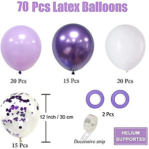 Lavender Purple Party Balloons, 70pcs 12inch Lilac Light Purple White Balloons for Garland Arch, Purple Metallic and Confetti Balloons for Birthday Baby Bridal Shower Wedding Girls Party Decorations