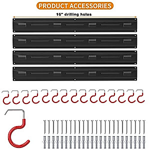WALMANN All Metal 64 Inch Wall Mount Garden Tool Organizer for Garage, Mop and Broom Holder, Yard Tool Storage Rack for Rake, Shovel, Spade, Mop, Broom(4 Rails, 16 Hooks)