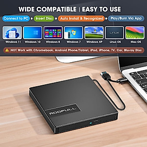 ROOFULL External CD DVD Drive USB 3.0 USB-C with 4*USB Ports and SD/TF Card Slot, Portable CD DVD Player Burner Optical Disc ROM/RW Reader Writer for Laptop PC Apple Mac Windows 11/10 Linux Computer