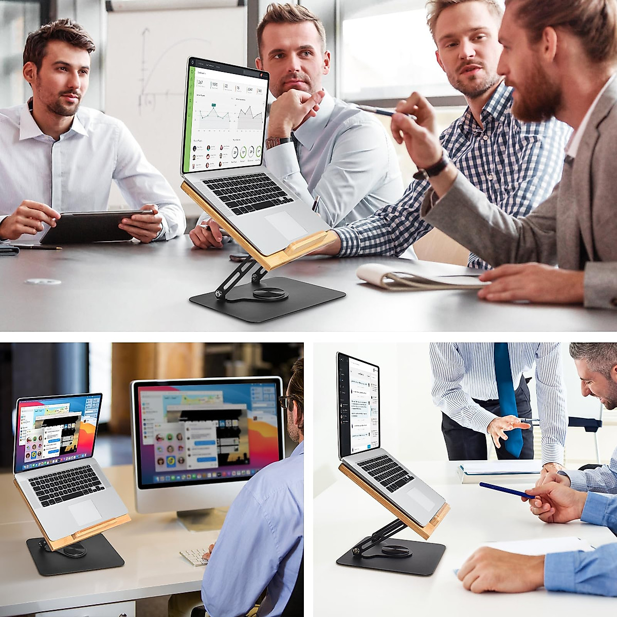 wishacc Adjustable Laptop Stand with 360 Rotating Base, Computer Stand for Laptop Ergonimic Foldable Laptop Riser for Desk Compatible with MacBook Pro/Air up to 16", Bamboo Wood(11.0 x 8.1 inches)