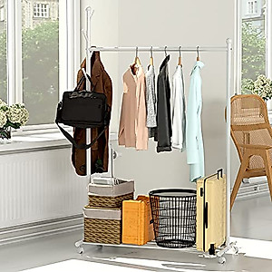 EKNITEY Clothes Garment Rack Portable - Rolling Clothing Organizer Rack on Wheels with Bottom Shelves (White)