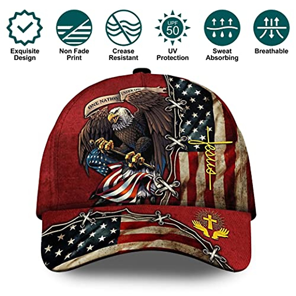 CleveFit 3D Printed, One Nation Under God Baseball Cap, American Eagle Hat for USA Patriots, Unique Design Hat (Bdnh110613htb)