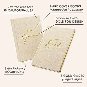 MUUJEE to My Groom and to My Bride Vow Books (Set of 2) - Ivory Canvas Linen Gold Foil Embossed Vows Book Journal for Wedding Ceremony Vow Renewal Valentines Day Gift for Husband Wife