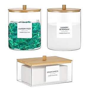 TIPGO Glass Jars and Acrylic Dryer Sheet Holder, Laundry Pods Container with Bamboo Lid and 27 Labels, Powder Detergent Containers for Laundry Room Organization, Storage Jars Set (3 Pack)