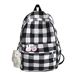 MININAI Plaid Backpack with Kawaii Pins and Pendant Cute Korean Preppy Aesthetic Book Bag Casual Daypack Fit 15.6 Inch Laptop (One Size,Black)