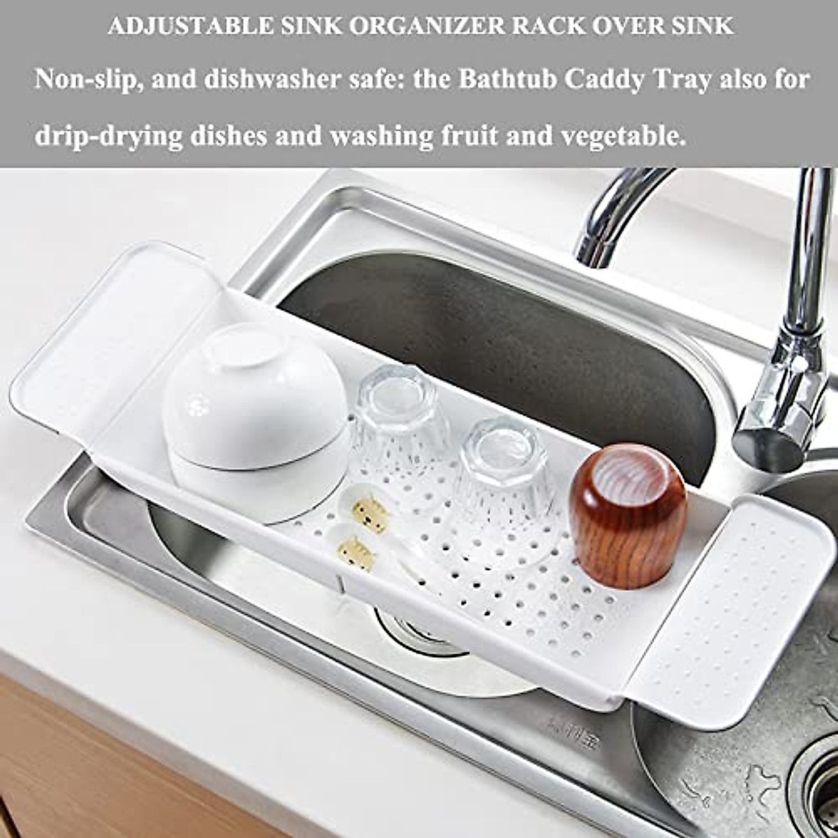 Bathtub Caddy Tray, Expandable Bath Shelf, Adjustable Plastic Bathtub Caddy, Bathroom Tray, Bathtub Accessories & Bathroom Gadgets - Unique Gift Idea (7Wx31Lin, White)