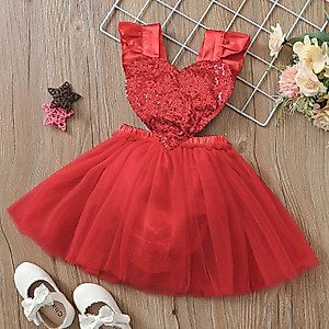 AGQT Baby Girls Christmas Outfit Heart Halter Romper Valentine's Day Birthday Tutu Dress Sequin Mother's Day Outfit Stripe Backless Dress Size 0-6 Months
