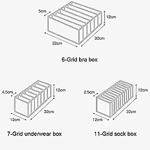 Underwear Drawer Organizer, 3 PCS Bra Sock Drawer Organizers for Women, Foldable Closet Storage Drawer Divider for Underwear Socks Clothes Stockings Scarves Ties and Bras（6/7/11 Compartments, Grey）
