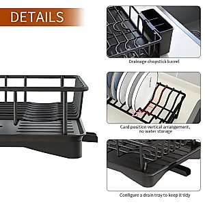 PINNIYOU Dish Drying Rack with Drainboard Set, 2 Tier Large Dish Racks with Drainage, Wine Glass Holder, Utensil Holder, Dish Drainers for Kitchen Counter (Black)