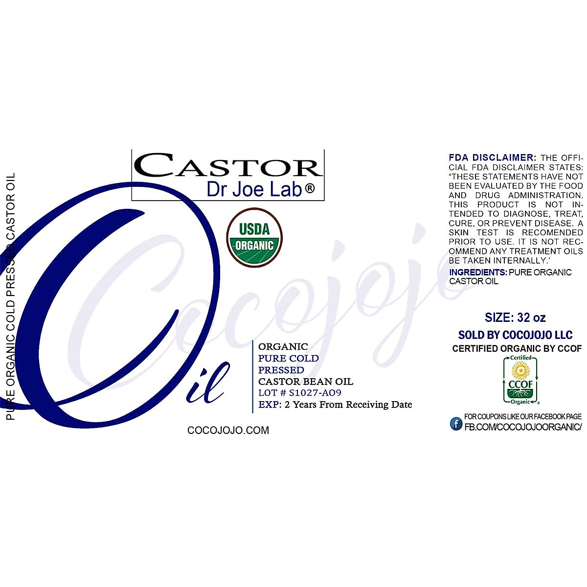 Dr Joe Lab Castor Oil Organic, Cold Pressed Organic Castor Oil, Unrefined, Pure USDA Certified Hexane Free Non GMO - Natural Moisturizing Hydrating Hair Skin Face Body Nails - 32 Oz