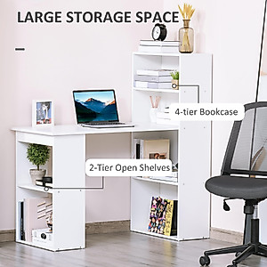 HOMCOM Modern Home Office Desk with 6-Tier Storage Shelves, 47" Writing Table with Bookshelf, White