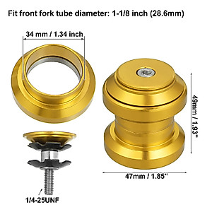 X AUTOHAUX 34mm 1-1/8" Threadless Bicycle Headset Combo Bike Threadless External Headset Sealed Cartridge Bearings MTB Road Headset with Top Cap Gold Tone