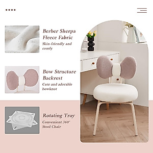 HousePrint Vanity Chair with Bowknot Back, Comfy Desk Chair no Wheels 360°Swivel Makeup Stool, Makeup Chair for Vanity with One-Whole Metal Legs for Dressing Room, Bedroom, Chic & Modern Look