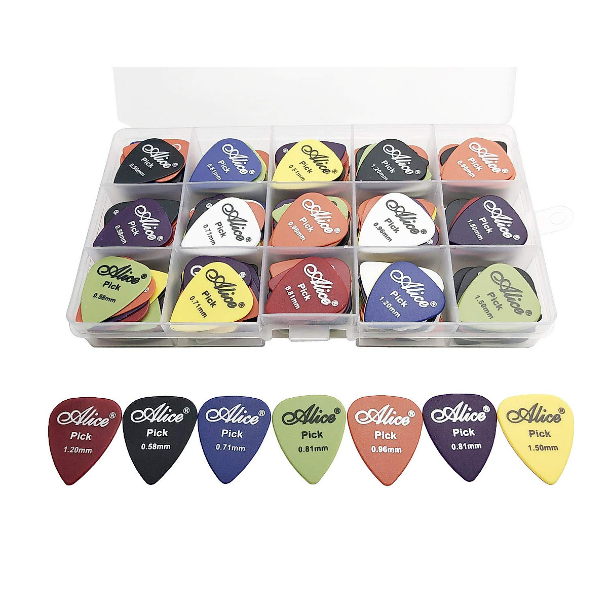 100pcs Alice Matte Anti-Skid Acoustic Electric Guitar Picks Plectrum 6 Thickness 0.58/0.71/0.81/0.96/1.20/1.50 mm With Pick Case Storage Box