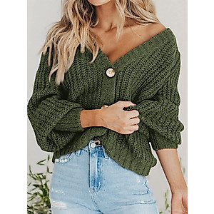 PRETTYGARDEN Women's Long Sleeve Plain Button Down Sweater Classic V-Neck Knit Cardigan Open Loose Outwear Coats (Army Green,Small)
