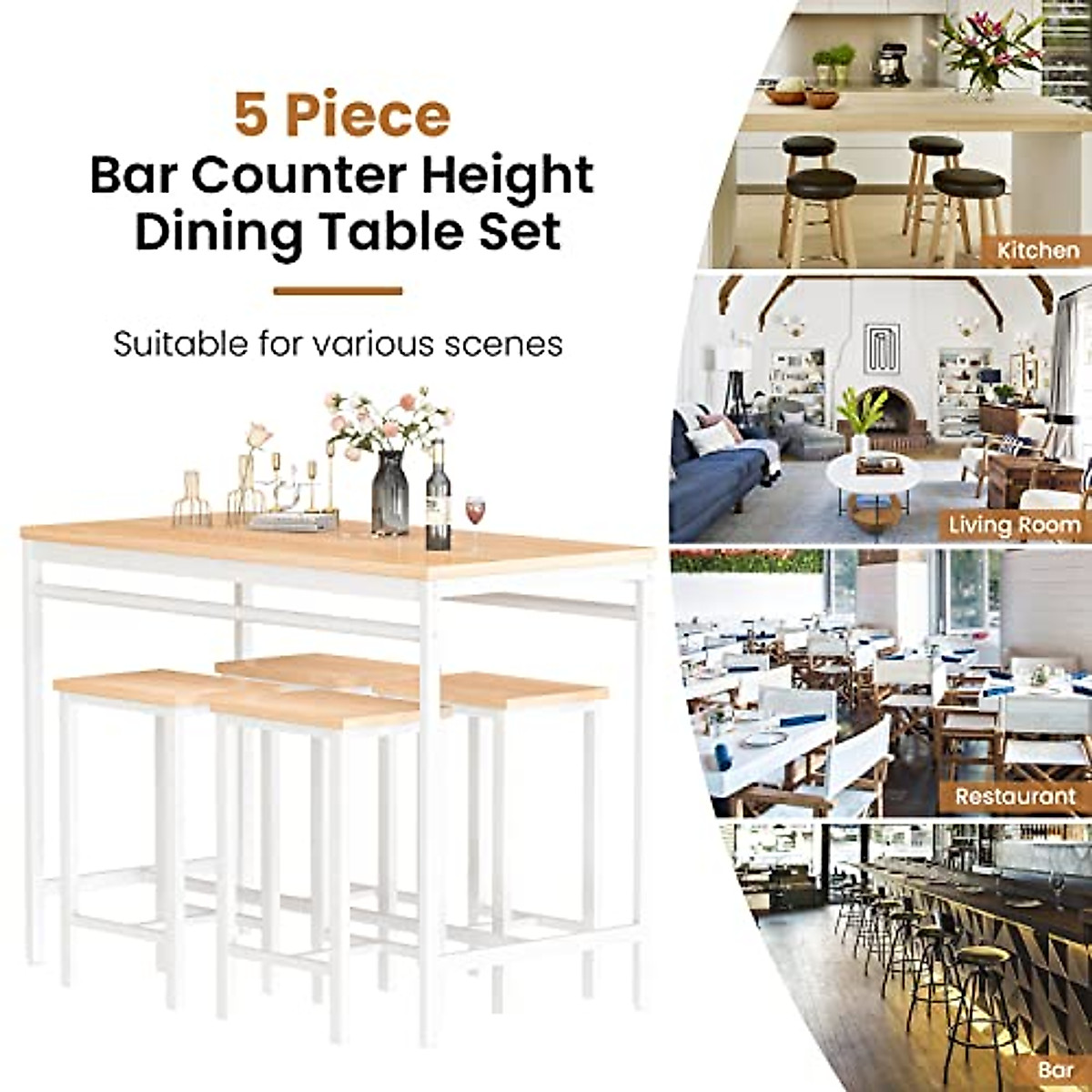 Recaceik Dining Table Set for 4 Kitchen Table and Chairs Set of 4, 5 Pieces Bar Table Set with 4 Stools Counter Height Dining Room Table with Metal Legs for Dinette Breakfast Nook, 47'' Walnut