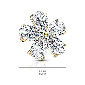 FIFTH CUE 14G Five Pear CZ Flower 316L Surgical Steel Internally Threaded Dermal Anchor Top (Gold/Clear)