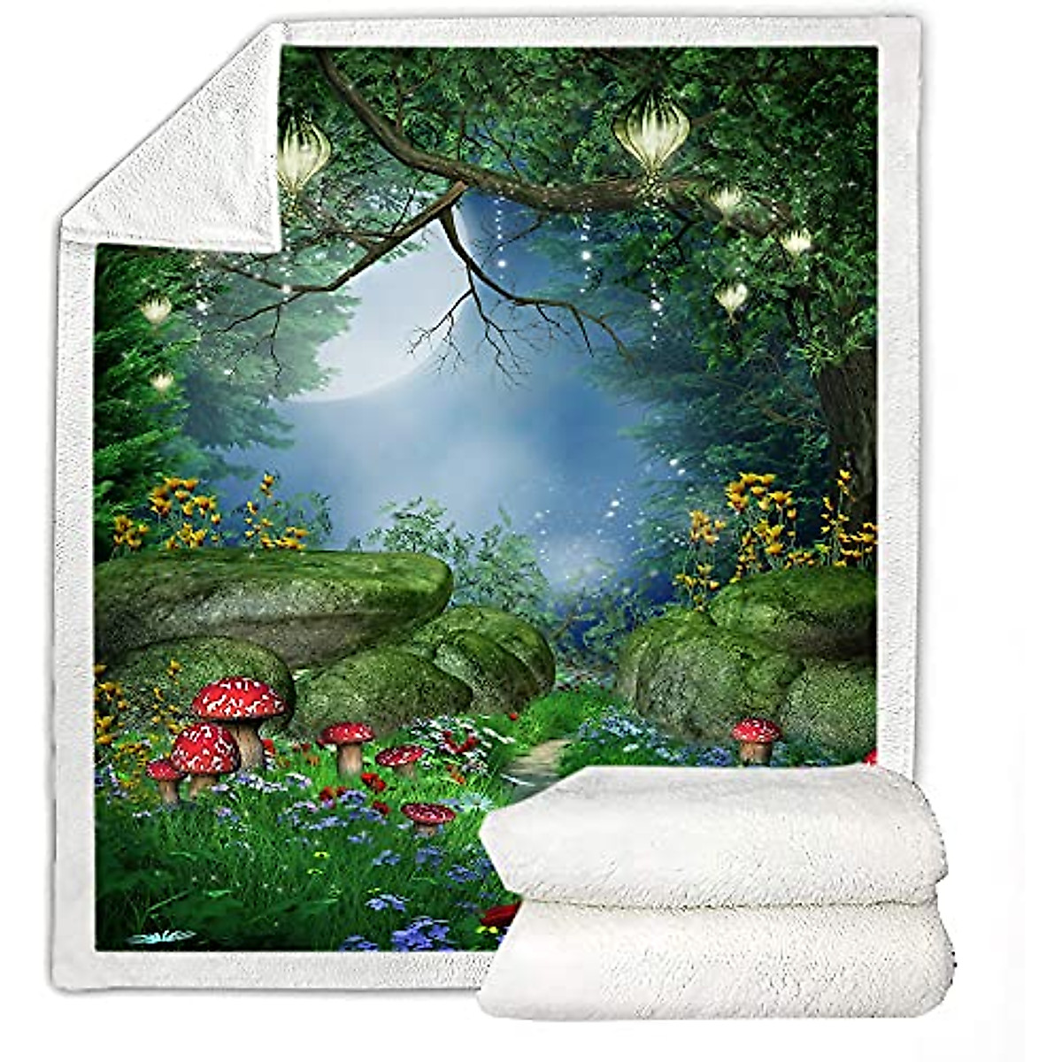 Manerly Sherpa Throw Blankets for Sofa Bed Couch, Magic Fairy Tale Forest wiht Mushrooms and Lanterns Printed Blanket, Soft Cozy Plush Fleece Blankets for Kids Adults Gift, 50"x60"