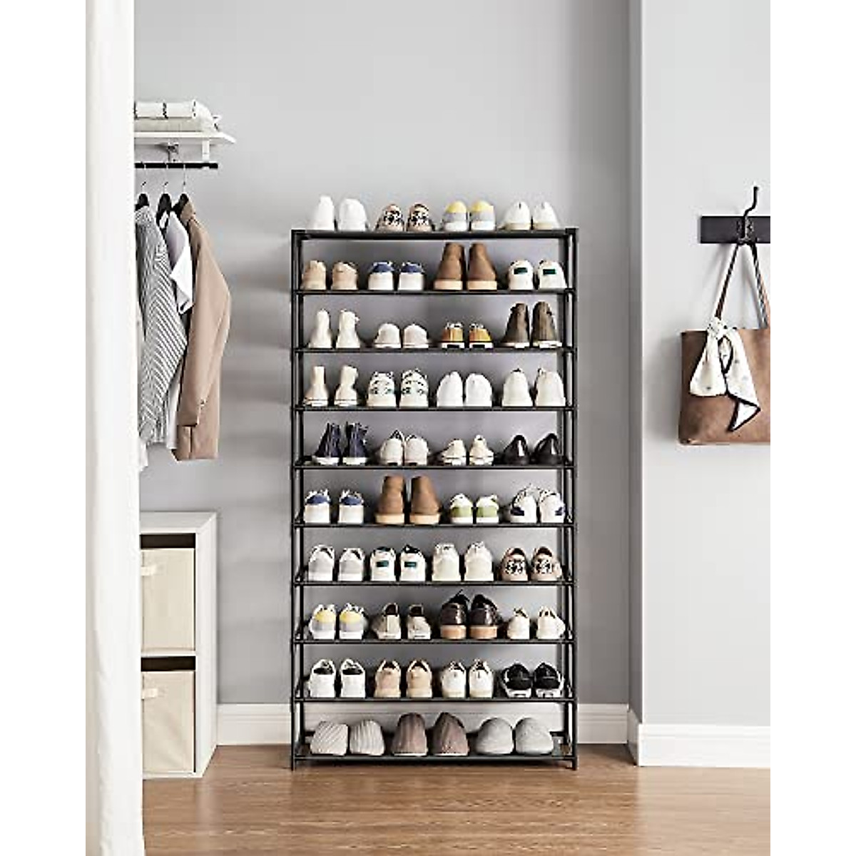 SONGMICS Shoe Rack, 10 Tier Shoe Shelf, Shoe Storage Organizer, Metal Frame, Non-Woven Fabric Shelves, for Entryway, Bedroom, Black ULSR210B02