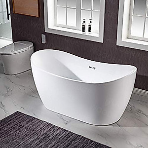WOODBRIDGE 59" Acrylic Freestanding Bathtub Contemporary Soaking White Tub with Chrome Overflow and Drain，B0016 -C-Drain &O