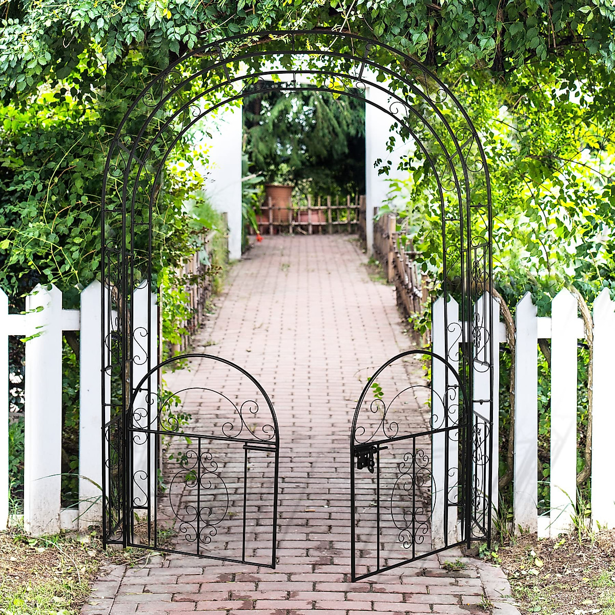 Stonehomy 84in High Metal Garden Arbor with Gate, Heavy Duty Wide Garden Arch, Metal Arch Trellis with Gate for Climbing Plant, Wedding, Outdoor Patio Décor, Black(84"x52.4"x19")