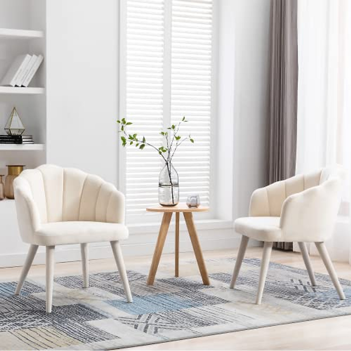 chairus Velvet Dining Chairs Set of 2, Upholstered Mid-Century Modern Living Room Chairs Comfy Accent Armchairs for Bedroom Kitchen Vanity with Petal Back & Fabric Covered Wooden Legs, Cream