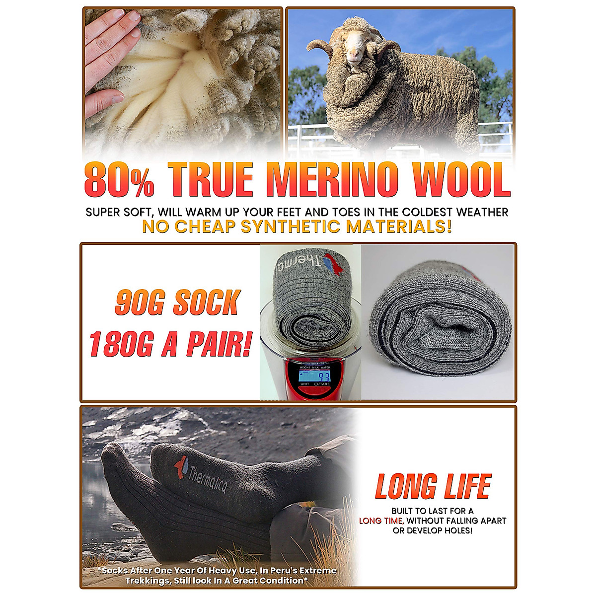 Luxury Thermal 80% True Merino Wool Socks-Over Calf, For Boots, Hiking,Ski &Home Light Gray