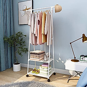 Jecpuo Clothes Rack Small Metal Garment Rack with Shelves for bedroom Rolling clothing rack for Hanging Clothes on Wheels for Hanging Clothes,clothes rack (White)