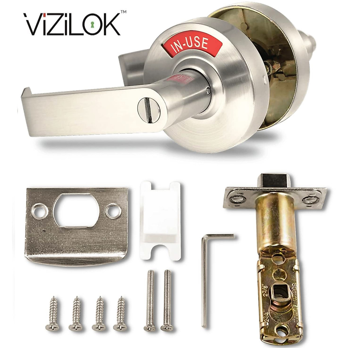 VIZILOK ADA Compliant, Single Egress Indicator Privacy Lock C5FN-L Durable ANSI Grade 2 Comp Commercial LeftHanded Non Reversible in-Use or Vacant Push Button Lever - Satin Nickel