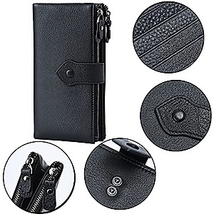 Women Soft Leather RFID Blocking Bifold Slim Wallets Credit Card Holder with Double Zipper Pocket(Black)