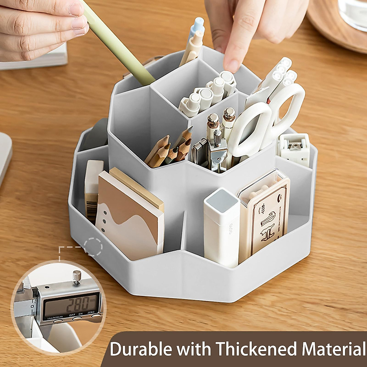 GGIANTGO Pencil Pen Holder for Desk, 9 Slots 360 Degree Rotating Desk Organizer, Desktop Storage Pen Organizers Stationery Supplies, Cute Pencil Cup Pot for Office School Home & Art Supplies (Grey)