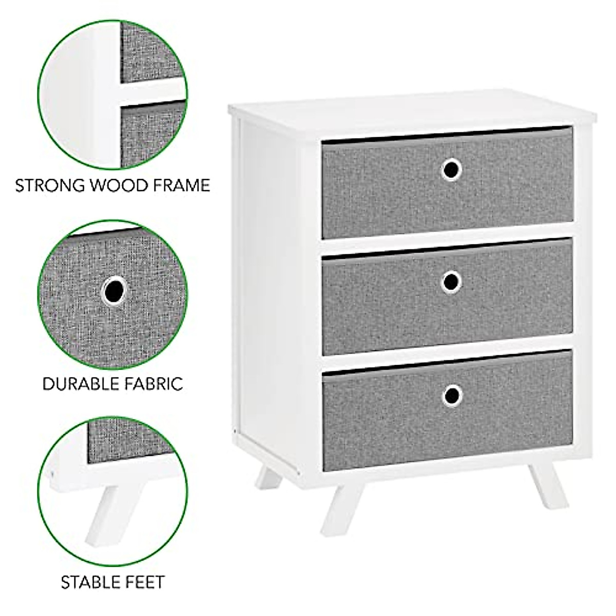 mDesign Mid-Century Modern Dresser Storage Organization Chest - 3 Fabric Drawers, Organizer Furniture Stand Unit for Bedroom, Hallway, Entryway, and Office - Easy Pull Handles - White/Gray
