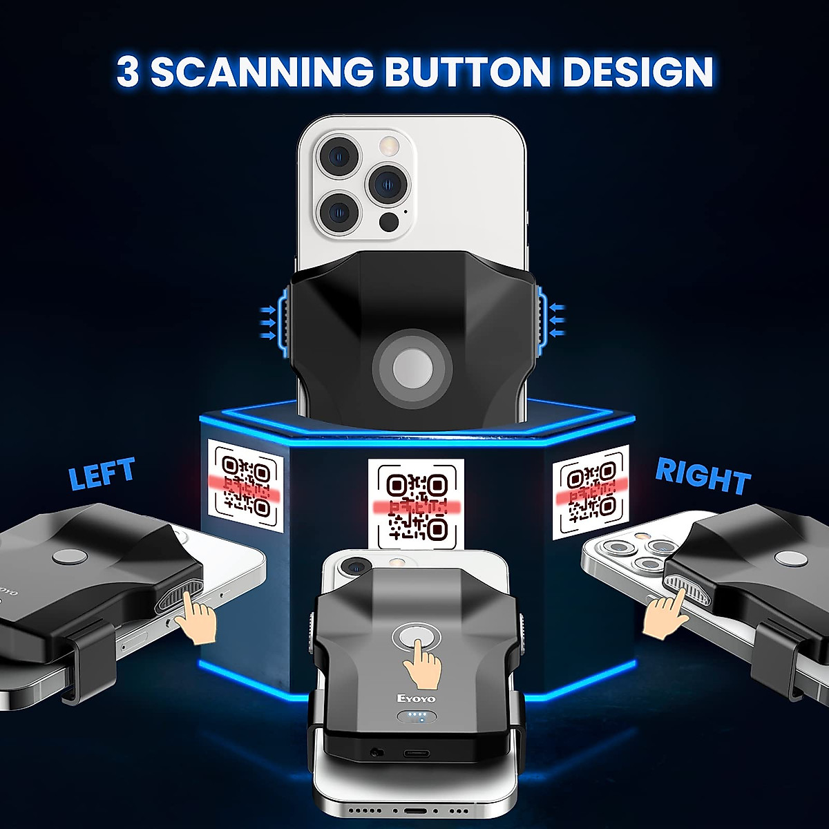 Eyoyo Bluetooth QR Code Scanner, 2D Wireless Back Clip Phone UPC USB Barcode Scanner Reader with Battery Level Indicator Compatible with 4.7"-7.2" Android Phone, iPhone for Book Library Inventory