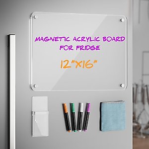 Polegas Acrylic Magnetic Dry Erase Board for Fridge, 12"X16" Clear Magnet Refrigerator Whiteboard, Small Memo White Erase Board, Blank Erasable Noteboard for Menu Meal Planner to Do List