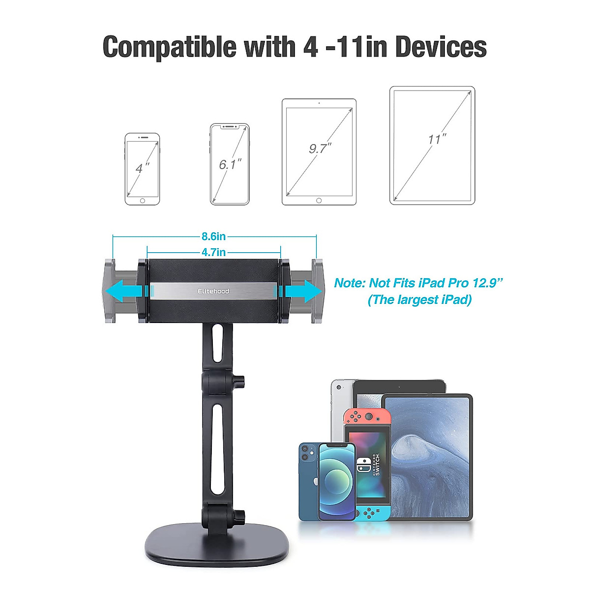 Elitehood Tablet Stand, Height Adjustable, 360 Rotating, Compatible with 4.7"-11" Tablets and Phones