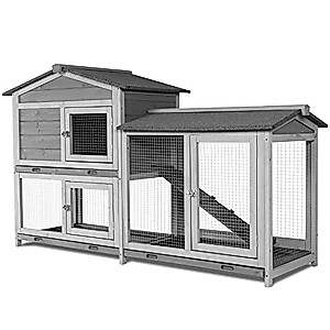 GEGURI Rabbit Hutch Indoor Rabbit Cage Outdoor, Chicken Coop Bunny Cage with Pull Out Tray, Waterproof Roof, Ramp (57.8" L x 17.9" W x 27.9" H, Grey)