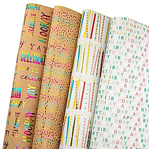 Plum Designs Gift Wrapping Paper Sheets- Happy Birthday Wrapping Paper Girl, Fun Wrapping Paper for Birthday Girl, 14 Sheets Gift Wrap Paper (Cute Fun Theme) (Kraft Birthday THeme) (Stunning Kraft Birthday)