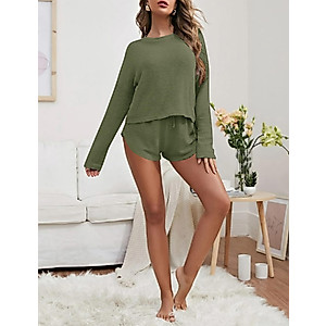 Ekouaer Womens Waffle Knit Pajama Sets Long Sleeve Top and Shorts Matching Lounge Set Sleepwear Loungewear Sweatsuit with Pockets Army Green Medium