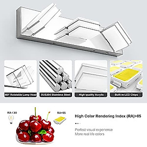 3 Color Temperature Dimmable Bathroom Light Fixtures over Mirror LED Chrome 3 Light Bathroom Vanity Light Fixtures Acrylic Stainless Steel Square Shade Vanity Lights for Bathroom, ETL Certificated