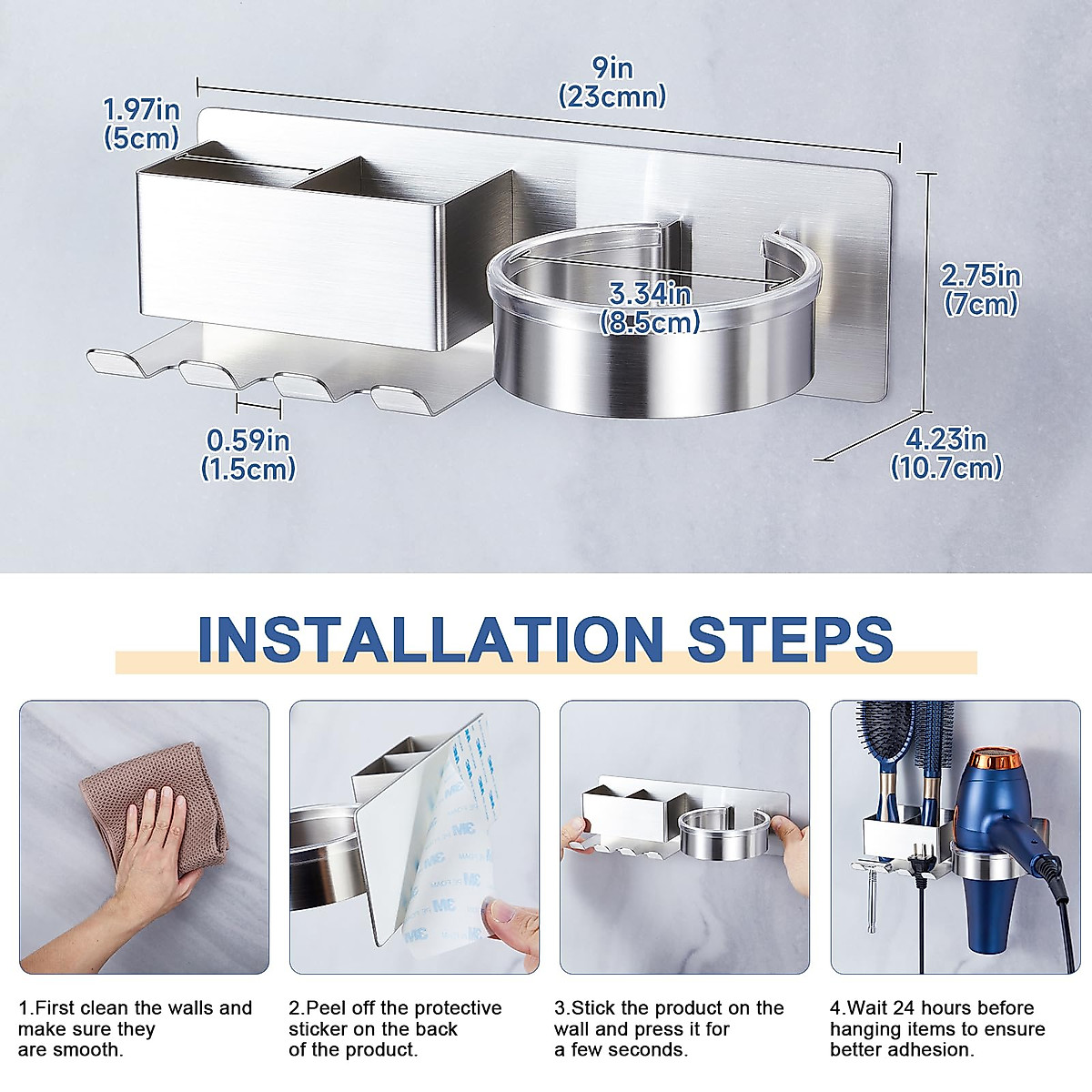 YAYINLI Hair Dryer Holder, Hair Dryer Holder Wall Mount, Hair Tool Organizer, Blow Dryer Holder For Bathroom, Stainless Steel Hair Dryer Hanger Adhesive Blow Dryer Holder, Hair Dryer Storage For Salon