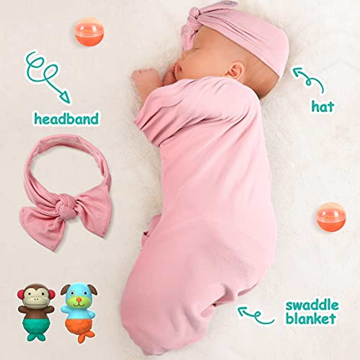 4 Set Newborn Swaddle and Headband Set Cotton Swaddle Hat Set Wrap Receiving Stretchy Swaddle Blankets Swaddle and Bow Set Newborn Beanie Newborn Hat and Swaddle (Light Green, Gray, Pink, Light Khaki)