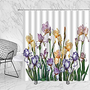 BOYIAN Flower Shower Curtain German Iris Floral Decor Spring Nature Theme Green Leaves Purple Fabric Bath Curtains Bathroom Accessories Polyester with Plastic Hooks 70x70 Inch
