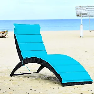 Tangkula Foldable Patio Lounge Chair, Outdoor Rattan Lounger Chaise, Portable Patio Chaise with Cushion, All-Weather Wicker Furniture for Garden Lawn Balcony Backyard Poolside (1, Turquoise)